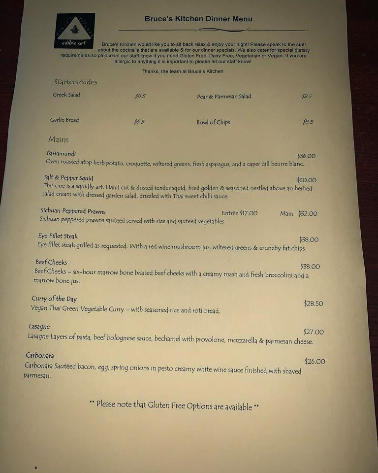 Menu at Bruce's Kitchen restaurant, Castlemaine