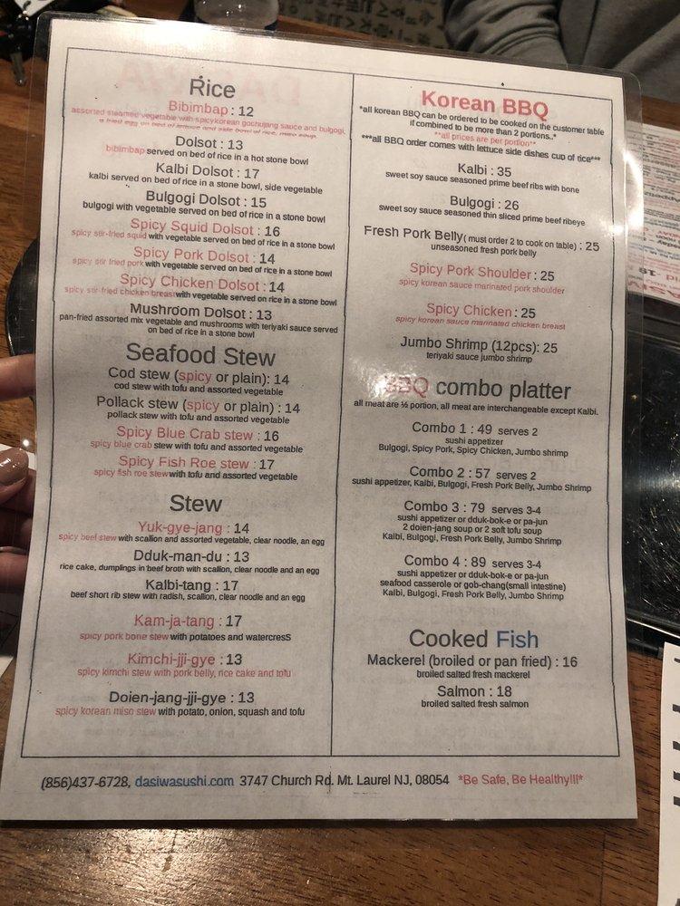 Menu at DASIWA 2 Korean BBQ, Mount Laurel