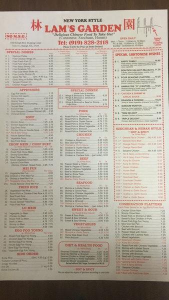Menu at Lam's Garden restaurant, Raleigh