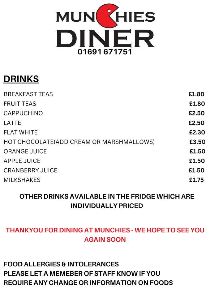 Menu at Munchies Diner cafe, Oswestry, Unit 3