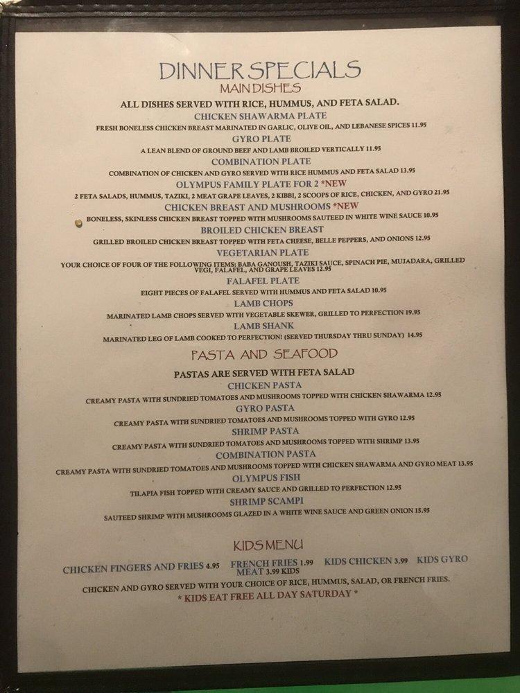 Menu at Olympus restaurant, New Iberia