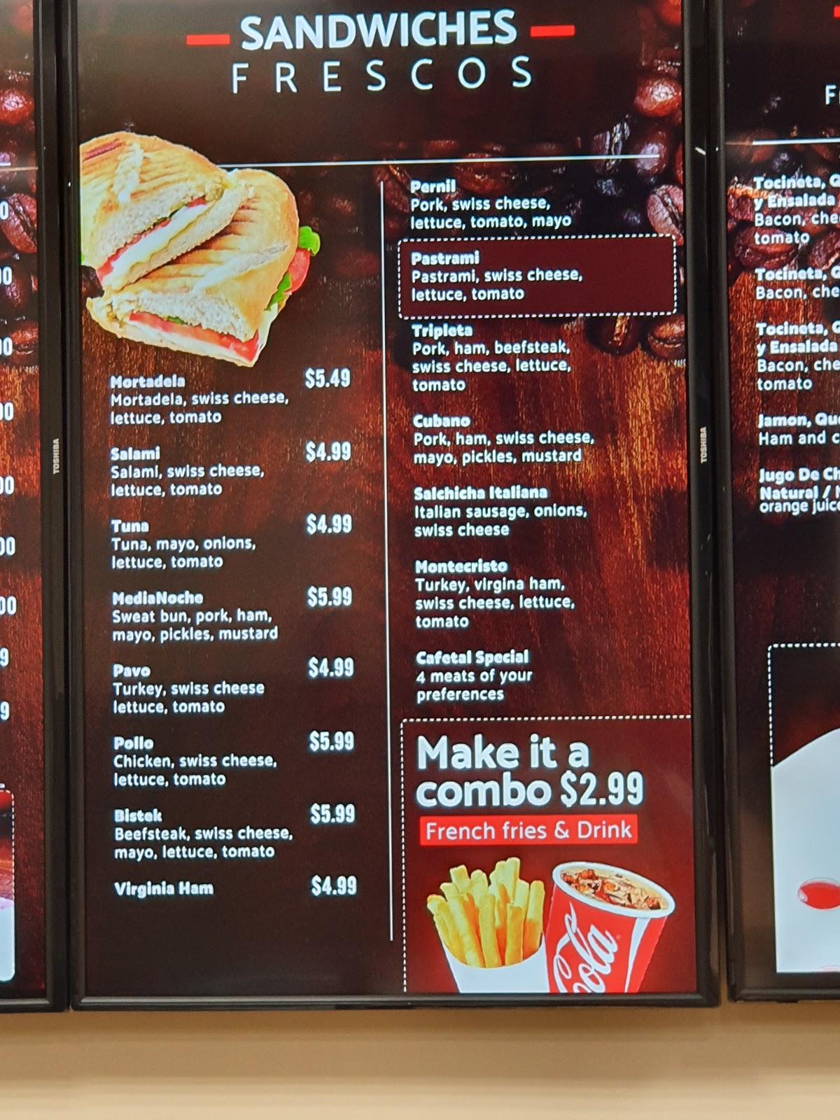 Carta de Panaderia y Restaurant El Cafetal, Orlando