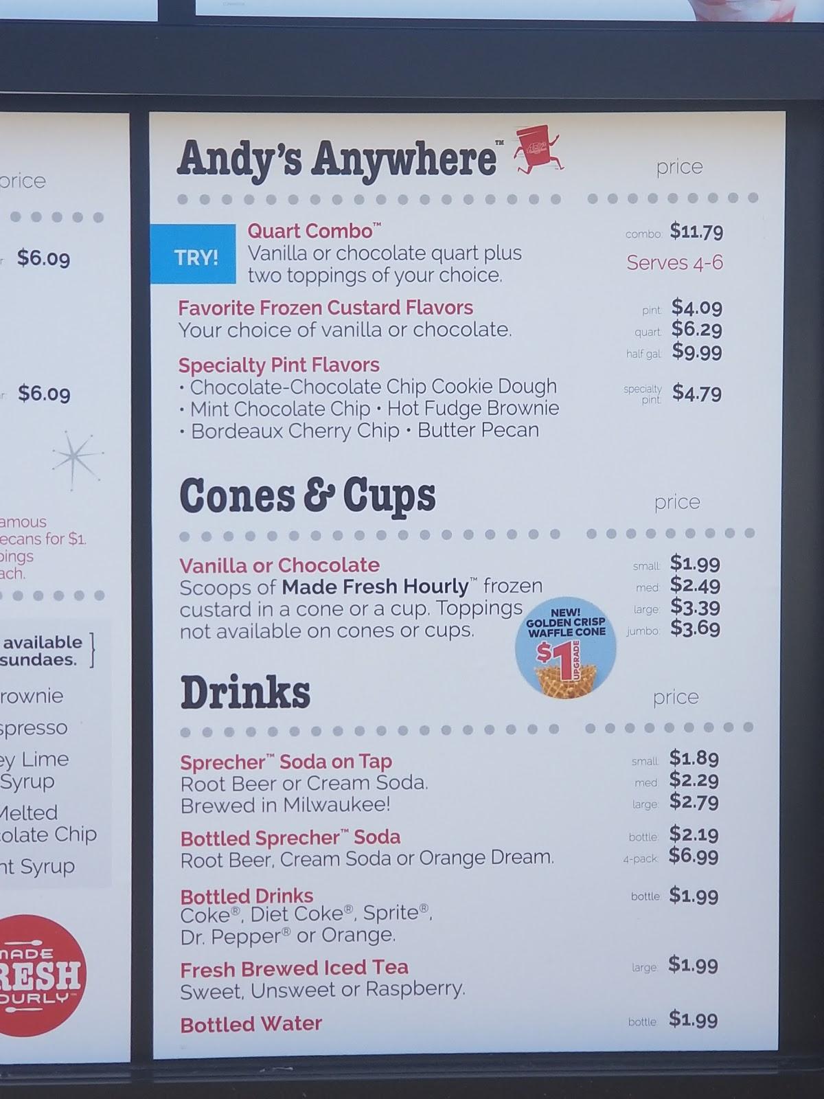 Menu at Andy's Frozen Custard desserts, North Little Rock