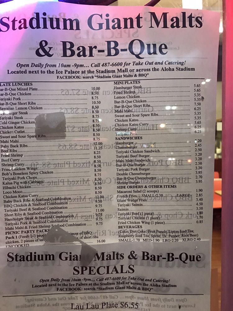 Menu at Stadium Giant Malts & Bar-B-Que, Honolulu