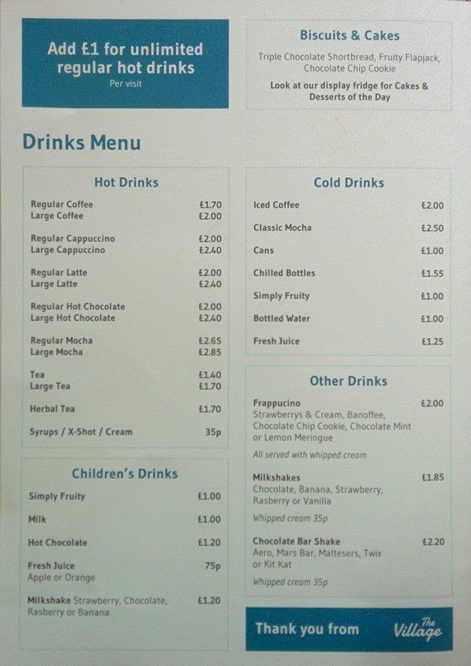 Menu at The Village cafe, Plymouth, Tamar Hotel
