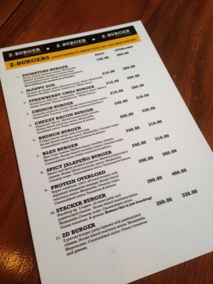 Menu at Z-BURGER BAR & LOUNGE, Iloilo City