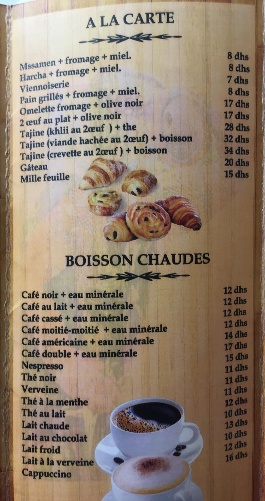 Menu at Cafe Le Cameleon, Casablanca