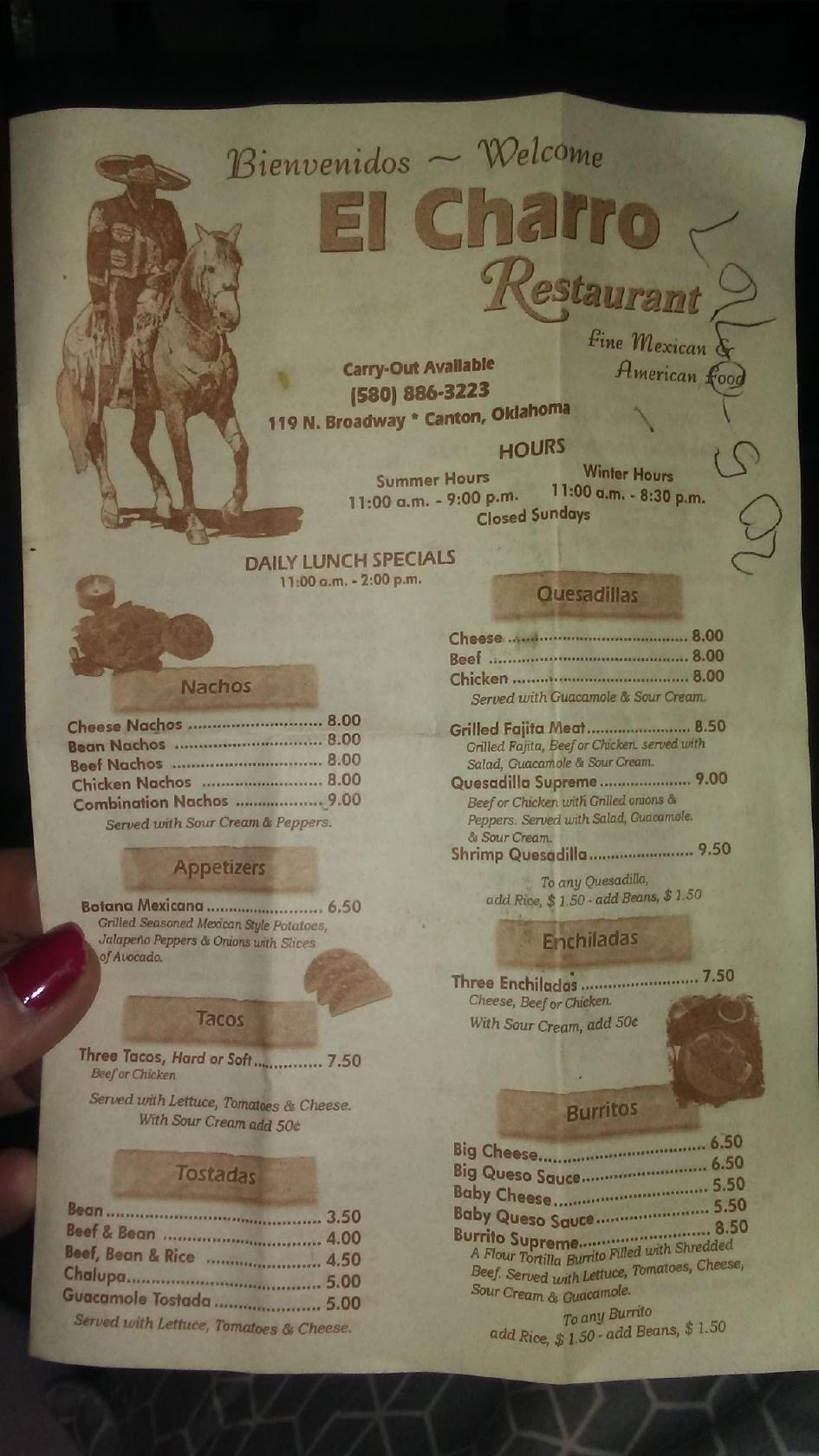 Menu at El Charro restaurant, Canton