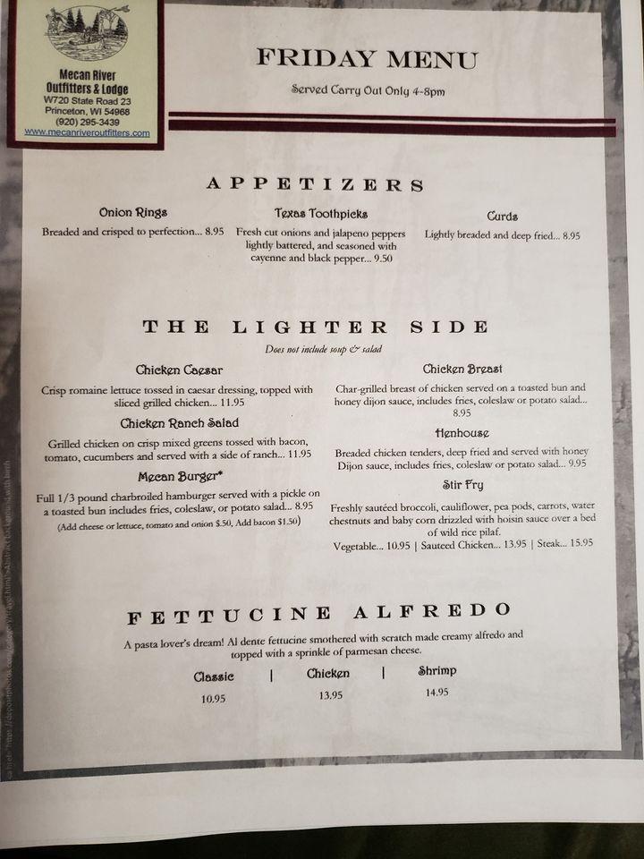 Menu at Mecan River Outfitters & Lodge restaurant, USA