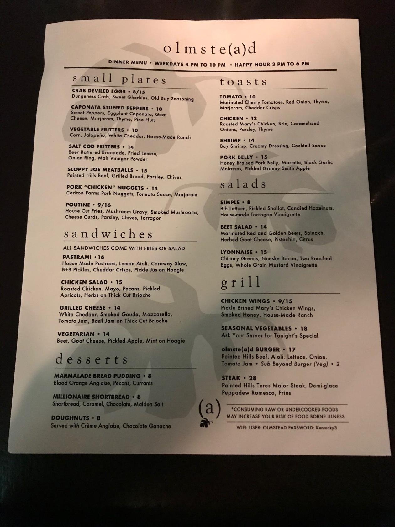 Menu at Olmstead pub & bar, Seattle