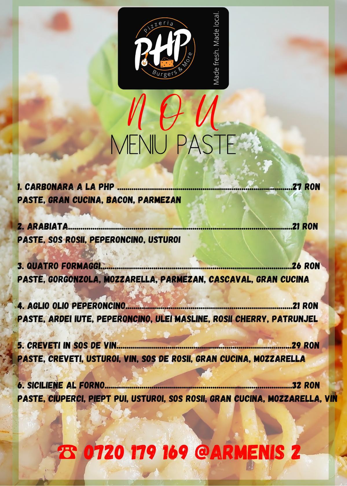 Menu au PHP Pizza • Burgers & More, Bucarest