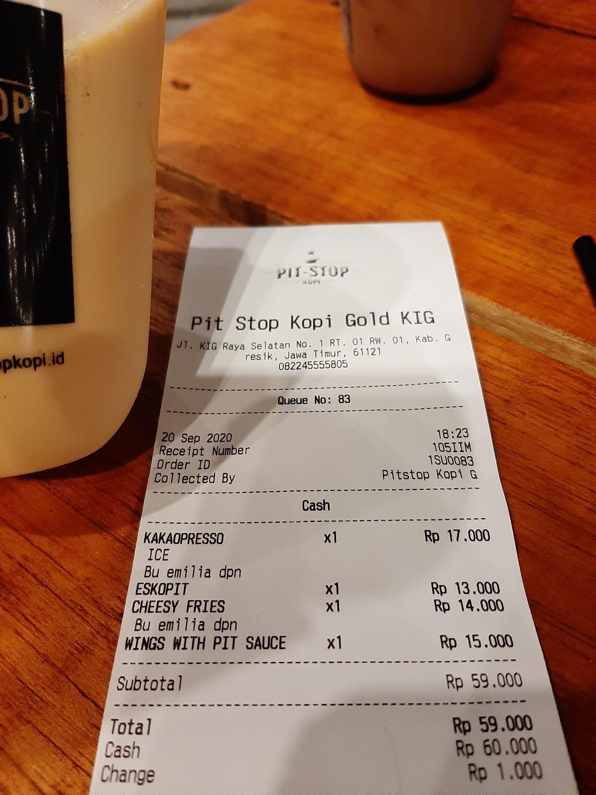 Menu at Pit-Stop Kopi Gold KIG cafe, Randuagung