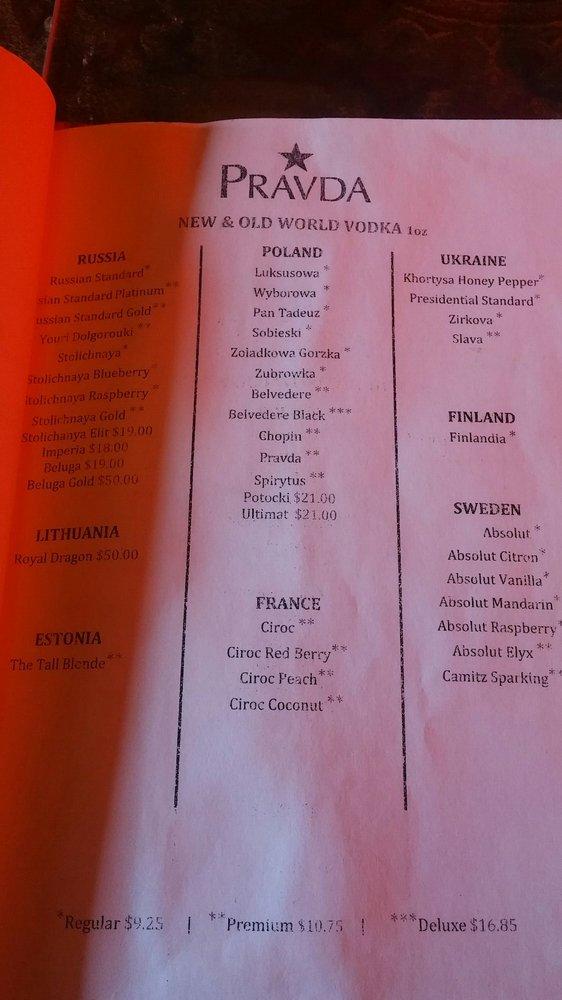 Menu at Pravda Vodka Bar, Toronto