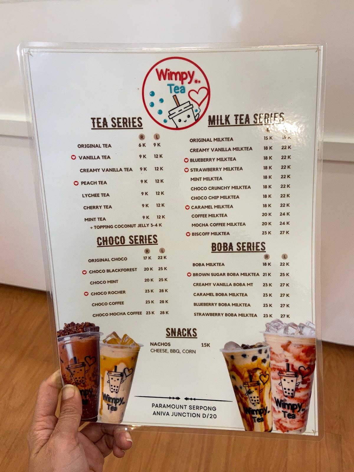 Carta del café Wimpy Tea, Curug Sangereng
