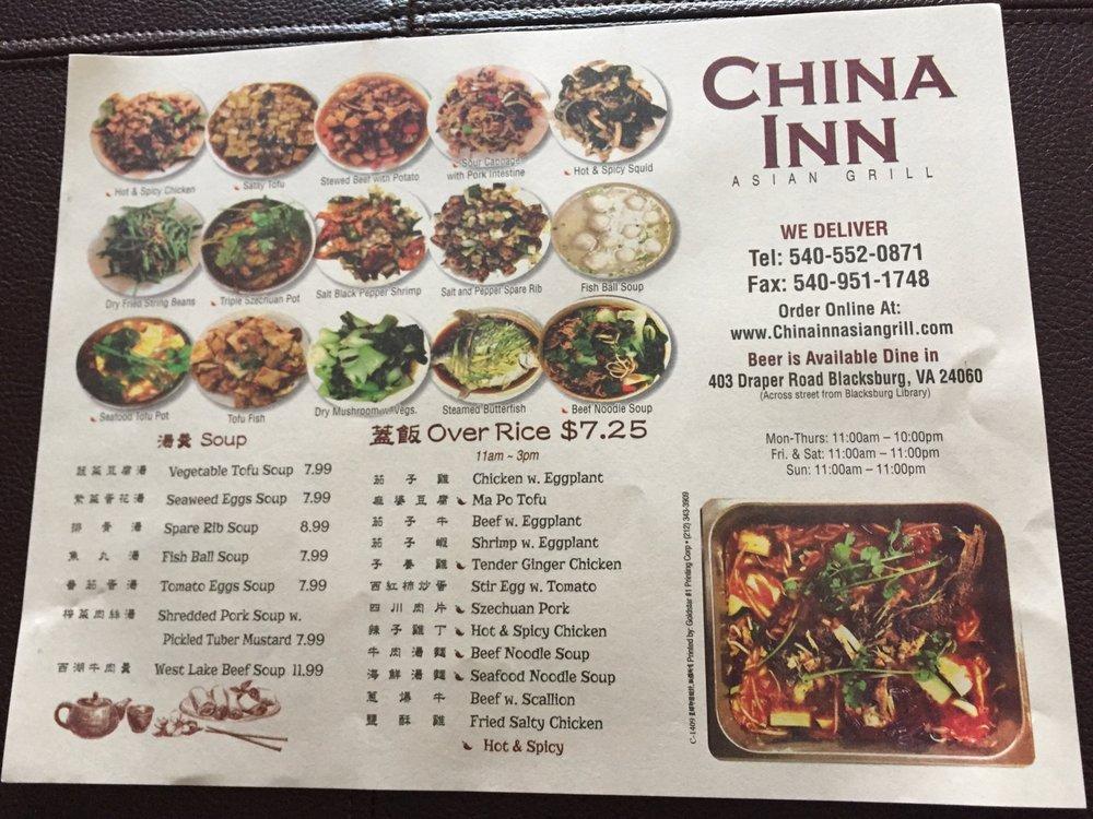 Menu at China Inn restaurant, Blacksburg