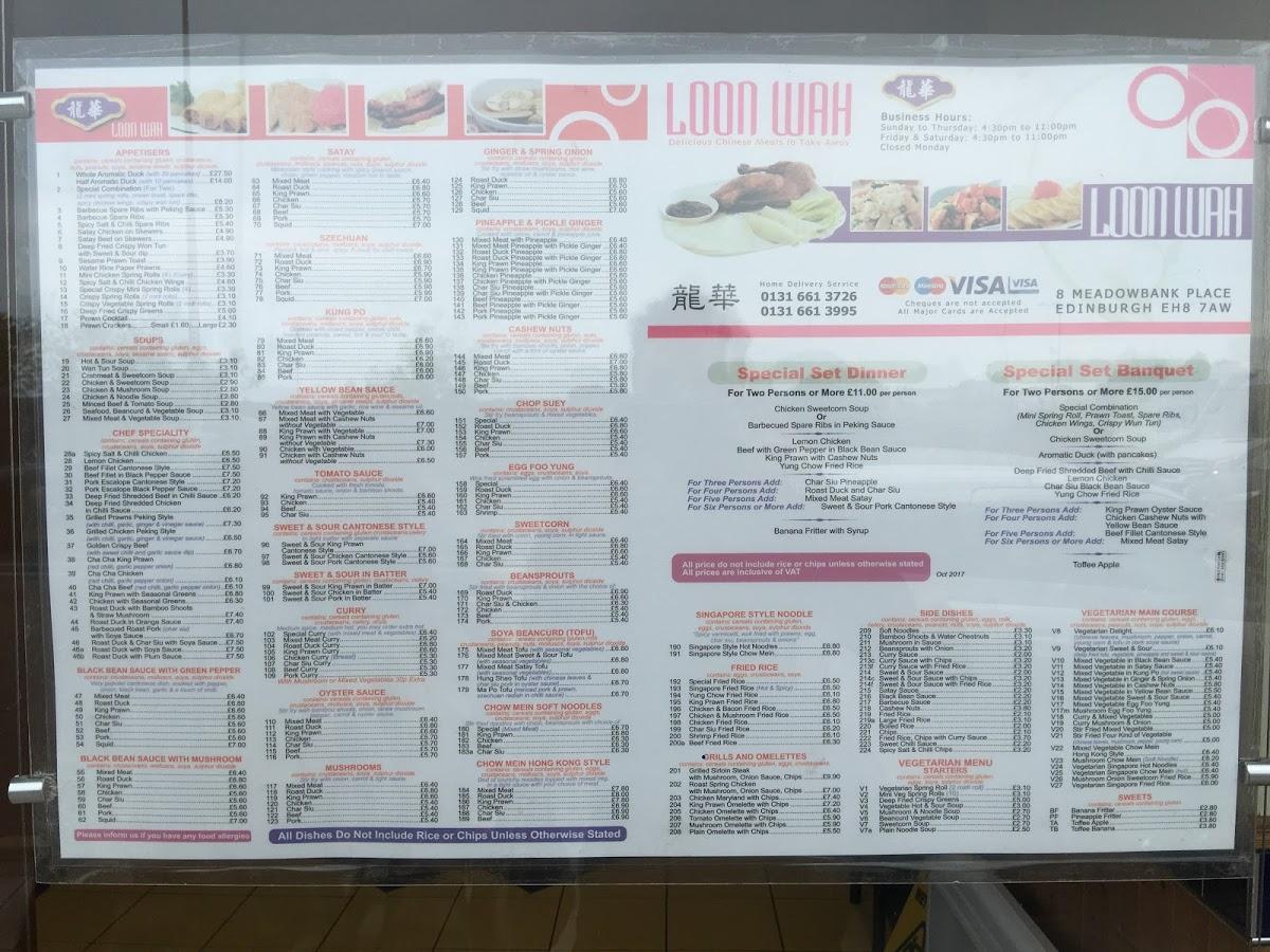 Menu at Loon Wah Chinese Takeaway fast food, Edinburgh