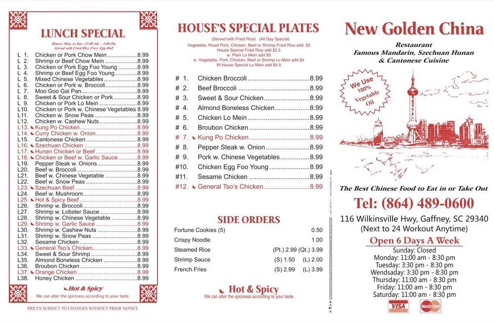 Menu at New Golden China Restaurant, Gaffney