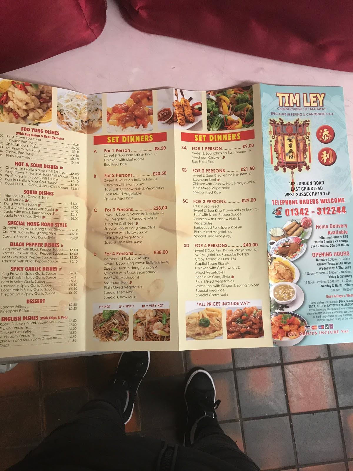 Menu at Tim Ley fast food, East Grinstead