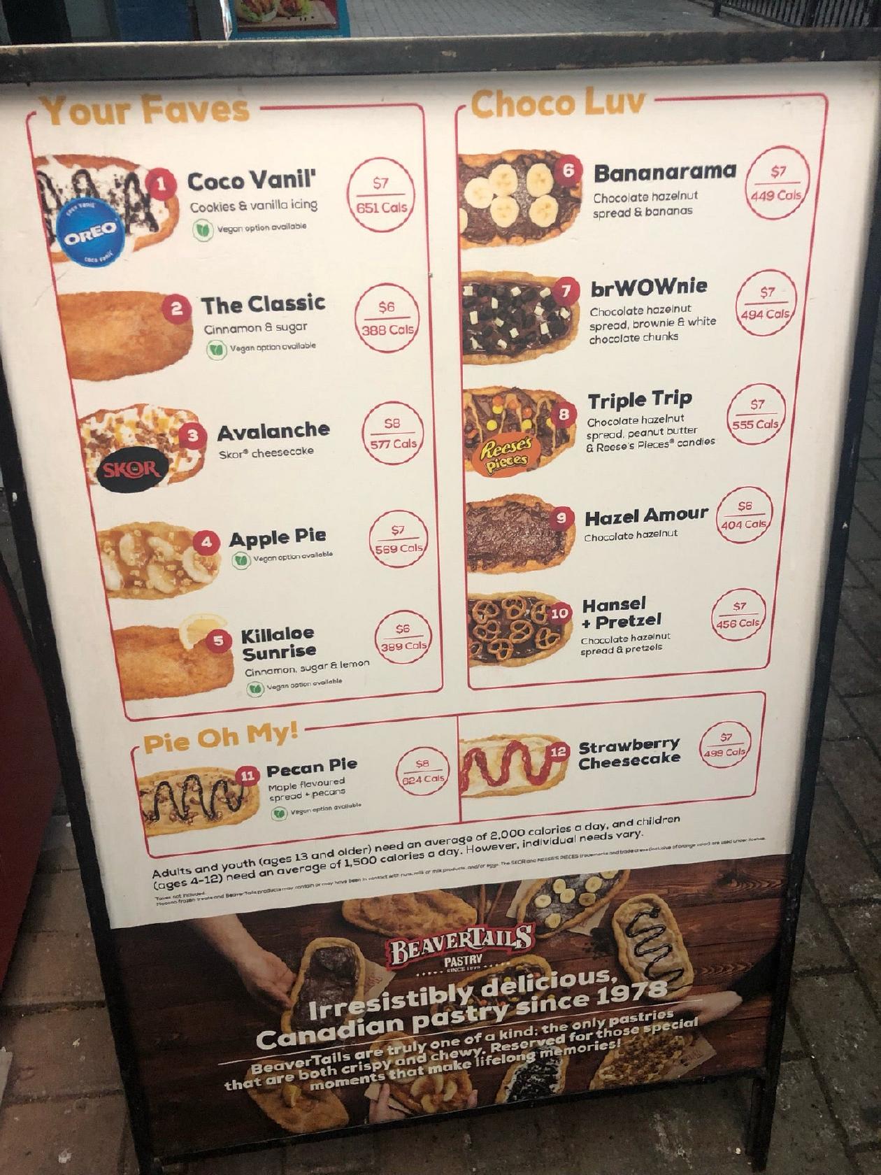 Menu at BeaverTails Niagara Falls desserts, Niagara Falls, Clifton Hill