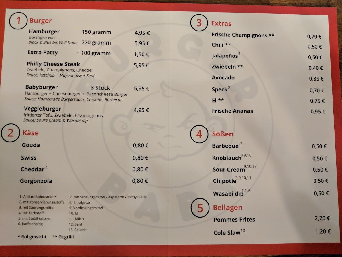 Menu at Burger Baby restaurant, Frankfurt, Höhenstraße 24