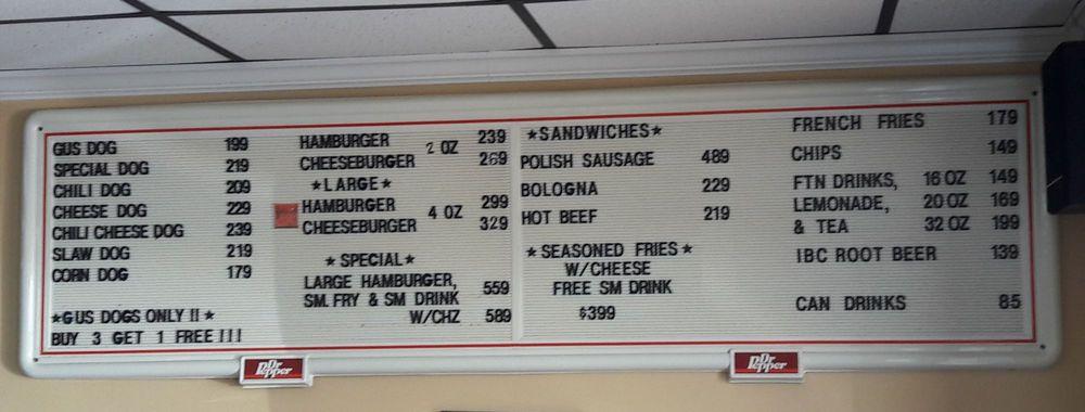 Menu at Gus's Hot Dogs restaurant, Hueytown, 224 Brooklane Dr