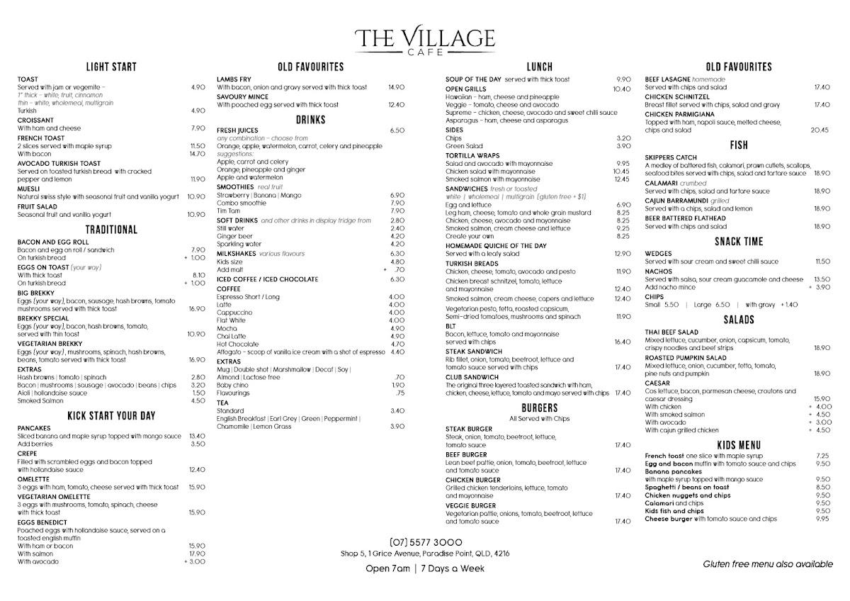 Menu at The Village Cafe, Paradise Point