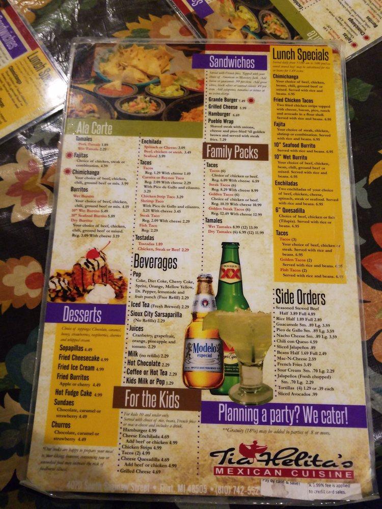 Menu at Tia Helita's Mexican Cuisine restaurant, Burton