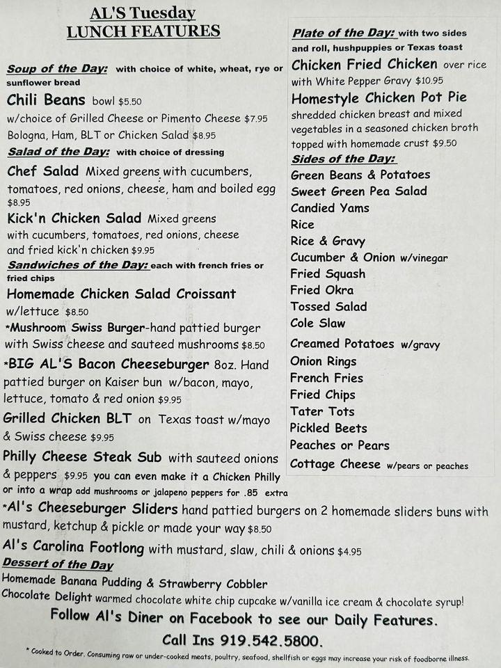 Menu at Al's Diner restaurant, Pittsboro