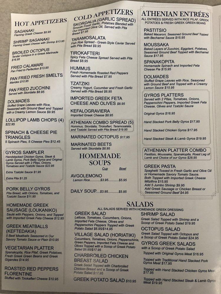 Menu at Athenian Greek Cuisine restaurant, Merrillville