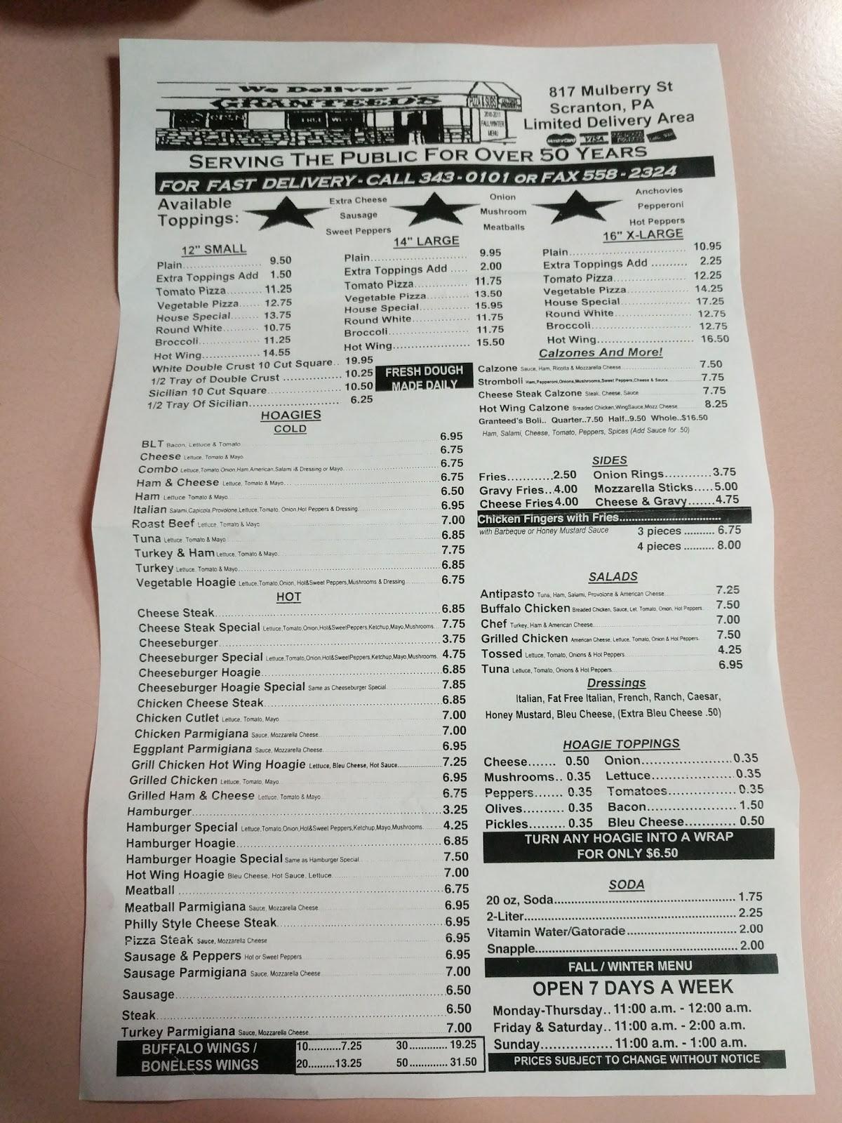 Menu at Granteed's Pizza pizzeria, Scranton