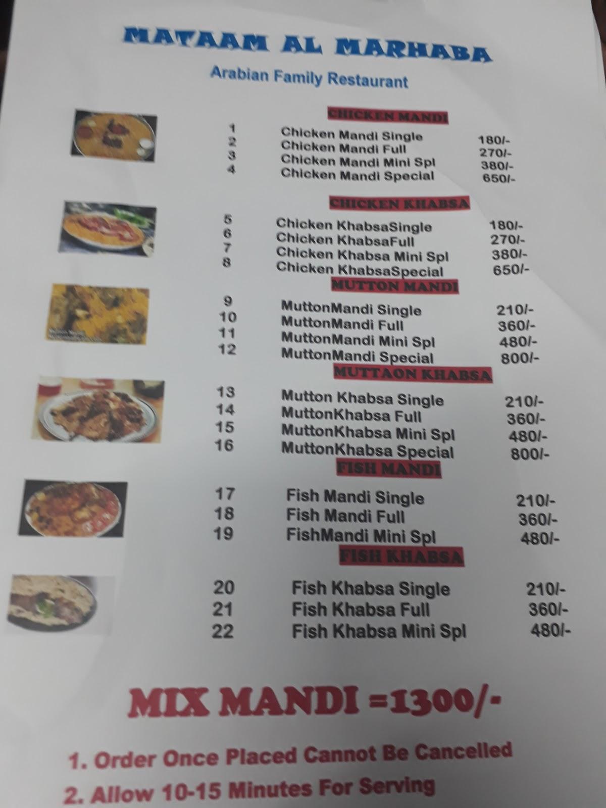 Menu at MATAAM AL MARHABA, Hyderabad