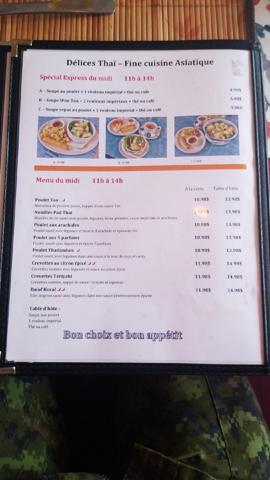 Menu au Restaurant Délices Thaï, Québec
