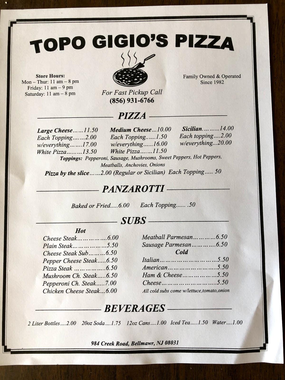 Menu at Topo Gigio Pizza pizzeria, Bellmawr