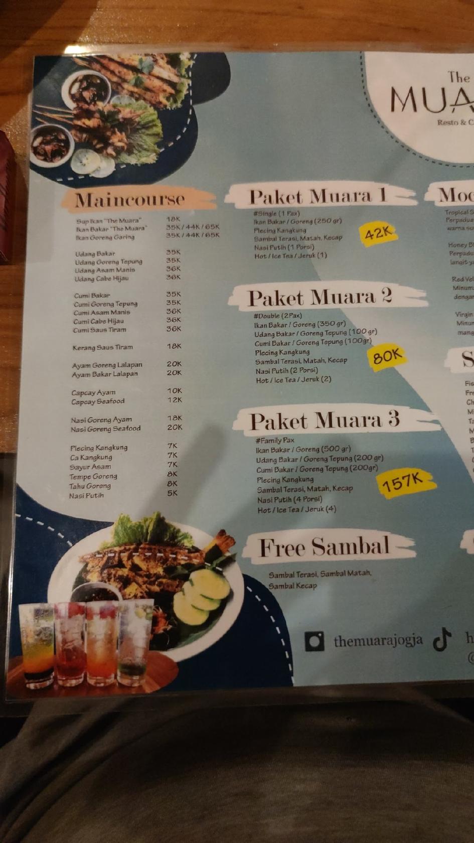 Menu at The Muara Jogja restaurant, Kretek