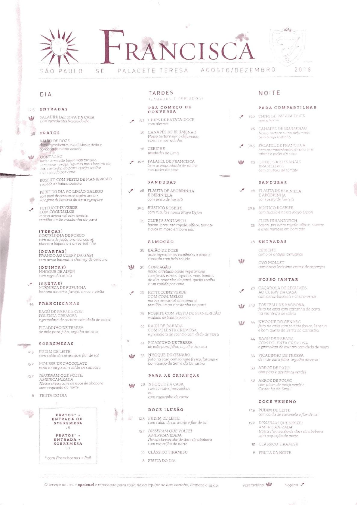 Menu em Casa de Francisca restaurante, São Paulo, R. Quintino Bocaiúva