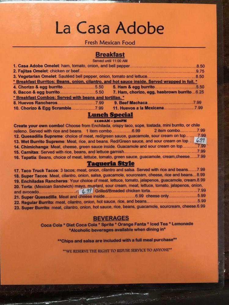 Menu at LA CASA ADOBE restaurant, Modesto