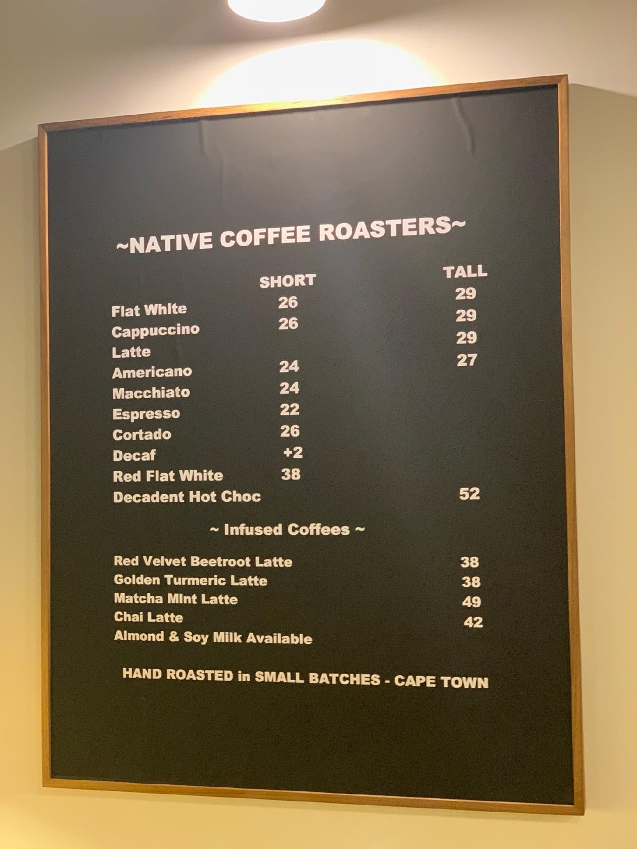 Menu at Native Coffee Roasters cafe, Cape Town