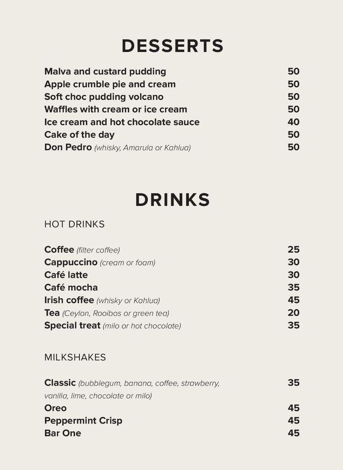 Menu at Oppi Stoep restaurant, Marquard