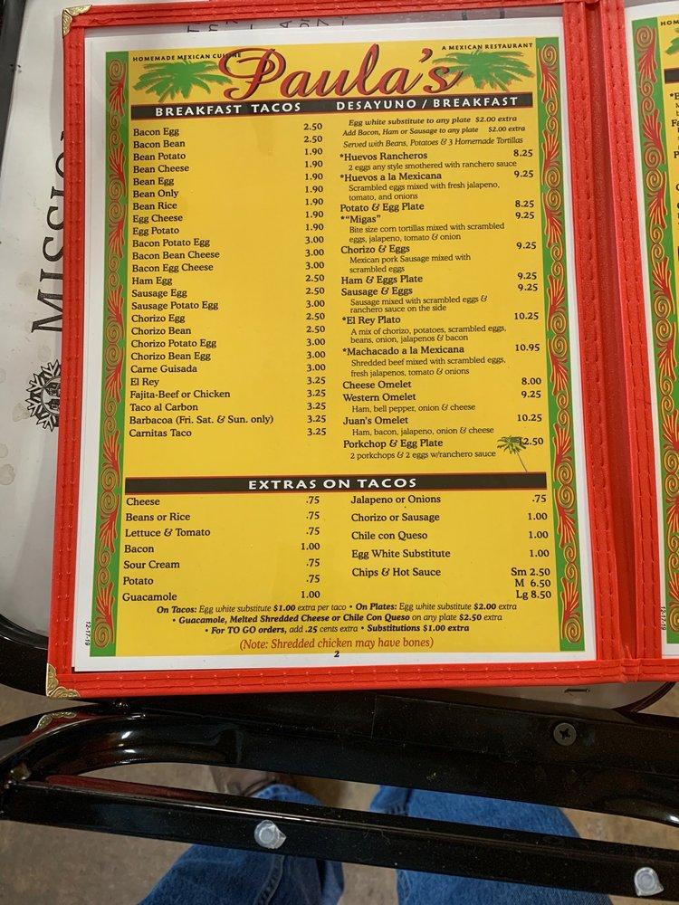 Menu at Paula's restaurant, Arlington