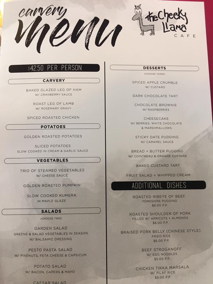 Menu at The Cheeky Llama cafe, Invercargill