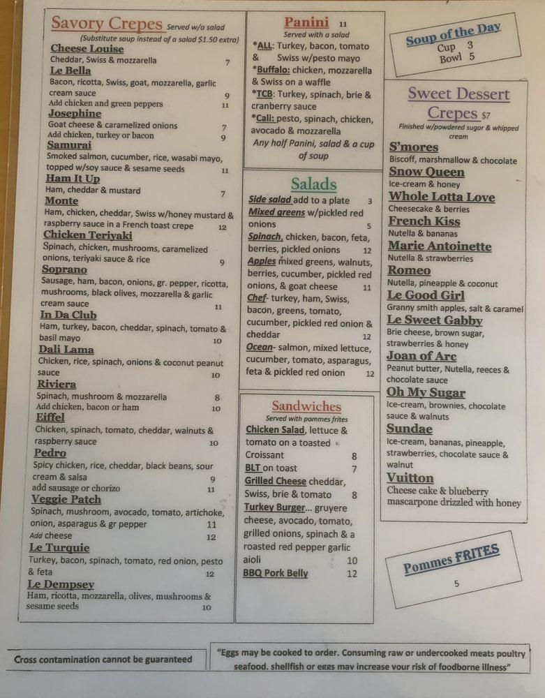 Menu at Betsy's Crepes restaurant, Southern Pines
