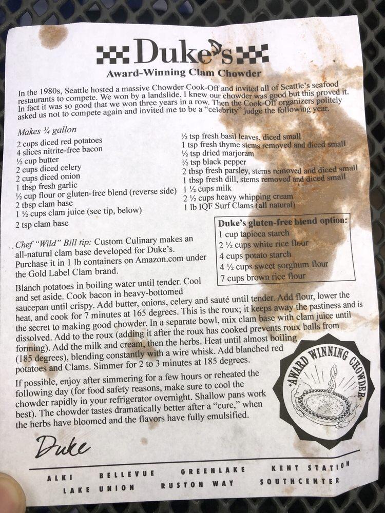 Menu at Duke's Seafood restaurant, Tacoma