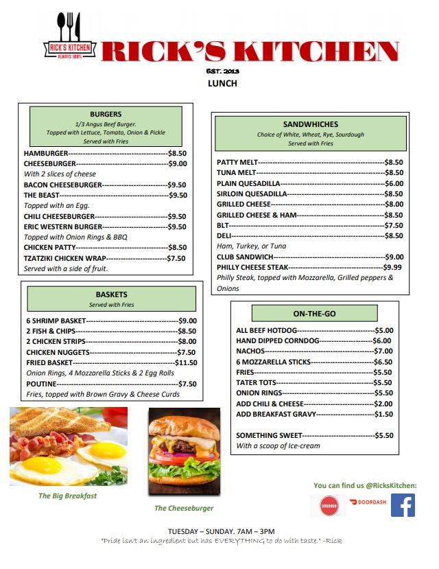 Menu at Rick's Kitchen restaurant, Yuma, S Frontage Rd