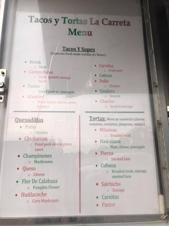 Menu at Tacos Y Tortas La Carreta Taco Truck restaurant, Hammonton