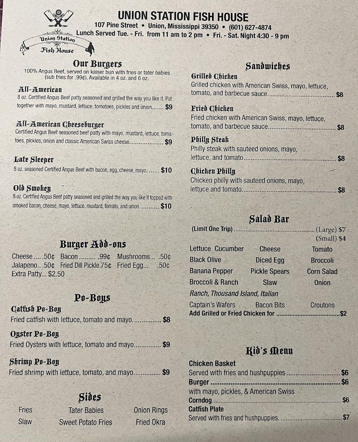 Menu at Union Station Fish house restaurant, Union