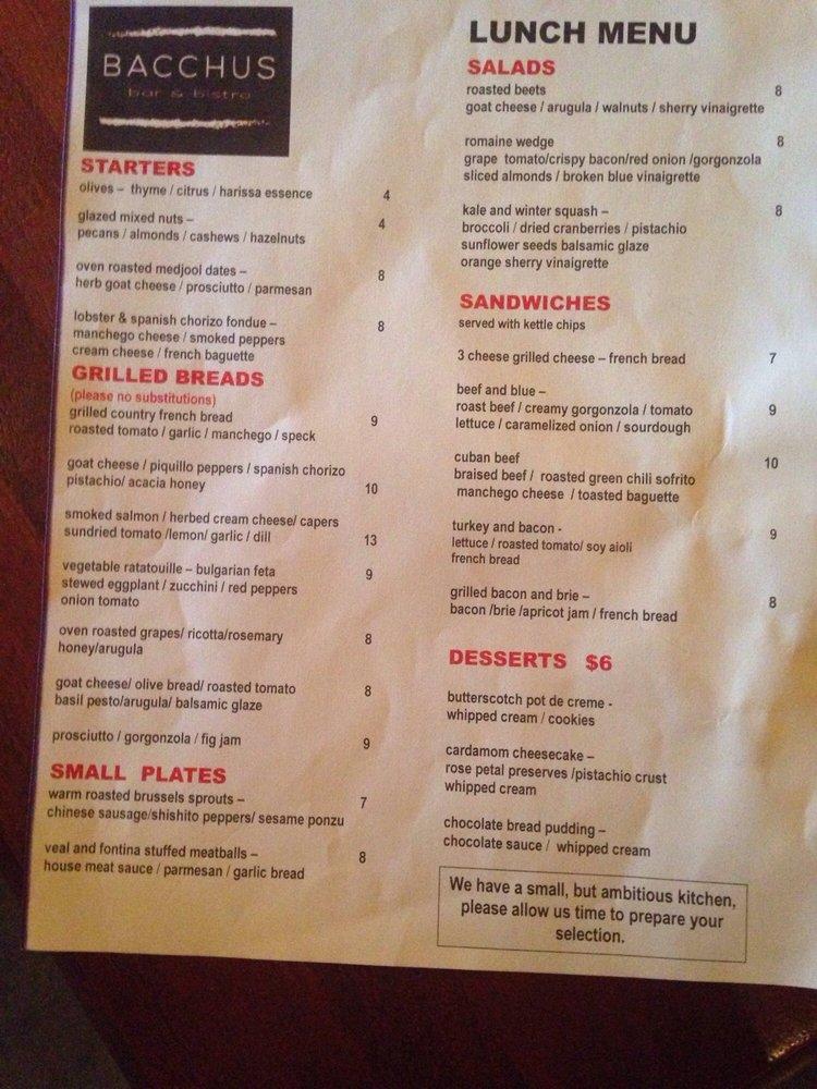 Menu at Bacchus Bar and Bistro, Irvine