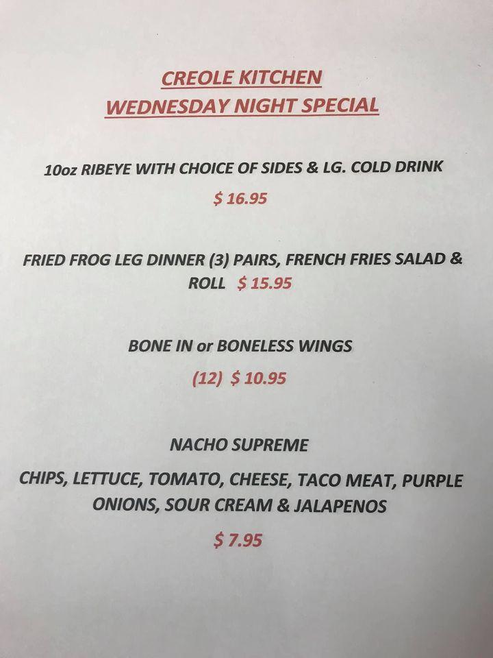 Menu at Cormier's Creole Kitchen restaurant, Gueydan