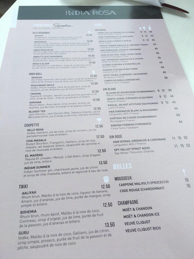 Menu au India Rosa Plateau pub et bar, Montréal