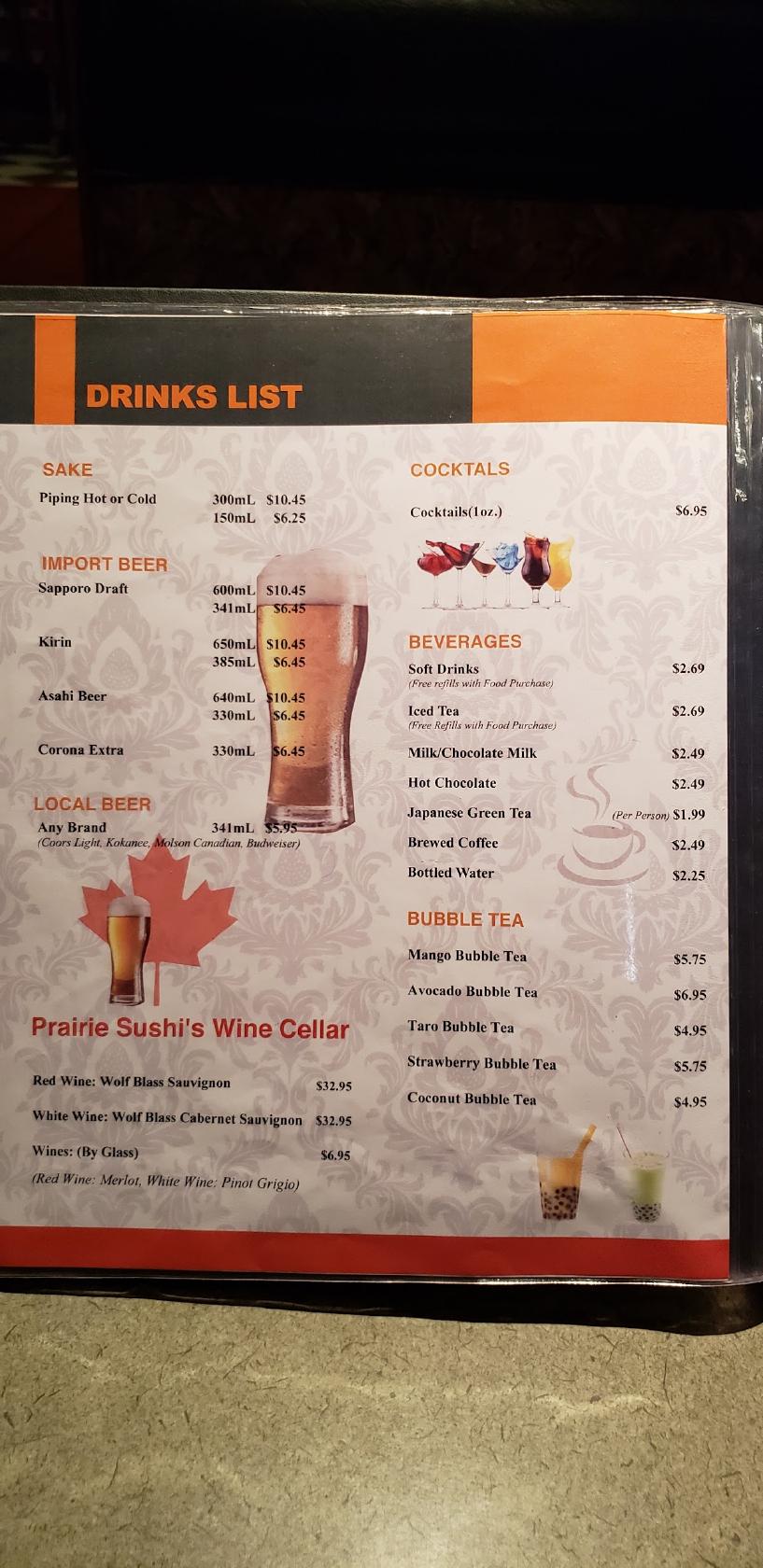 Menu at Prairie Sushi Restaurant, Grande Prairie