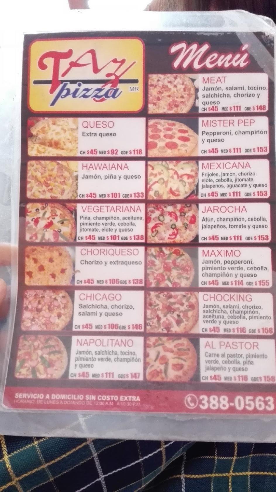 Carta del restaurante Taz Pizza, Tamuín